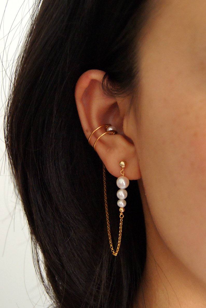 Pearl Ear Cuff Chain Earrings,dainty Cuff, Long Chain Threader Earring ...