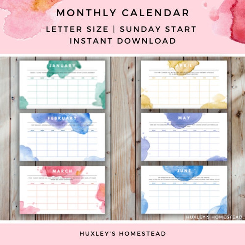 Watercolor Calendar Printable Desk Calendar Monthly - Etsy
