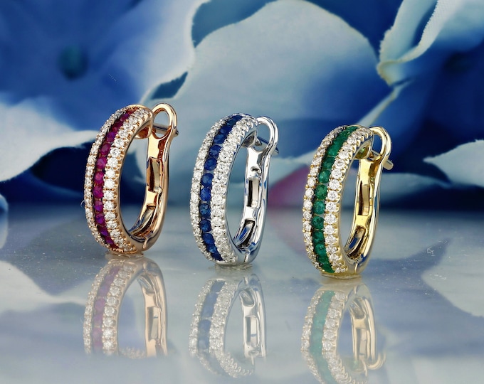 14K Solid Gold Genuine Natural Diamond and Ruby Emerald Sapphire Huggy ...