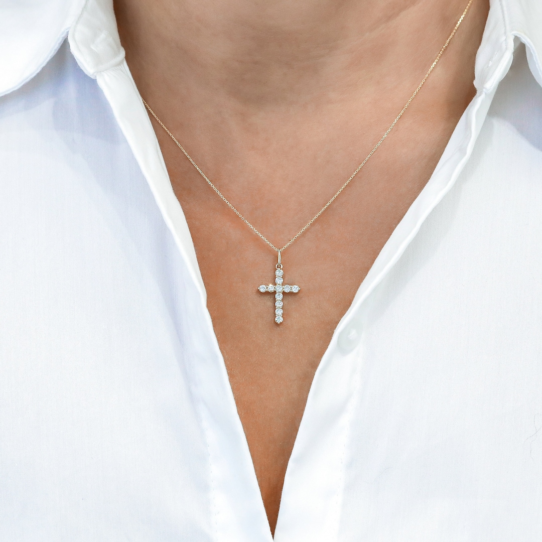 14k Solid Gold Natural Diamond Cross Pendant Necklace With Adjustable ...