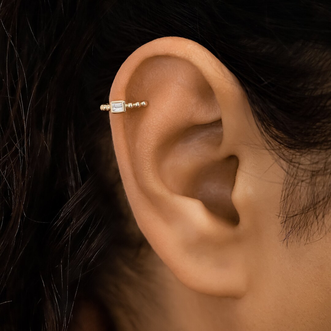 Diamond Ear Cuff, Single half Pair, Beaded Baguette, Non-pierce Earring ...