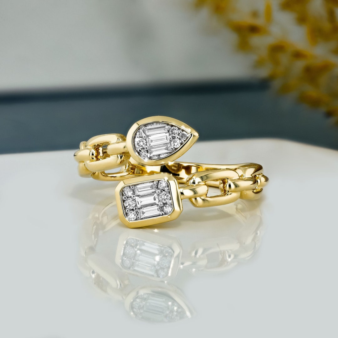 14k Solid Gold Toi Et Moi NATURAL Diamond Ring: Cuban Link Bypass Band ...