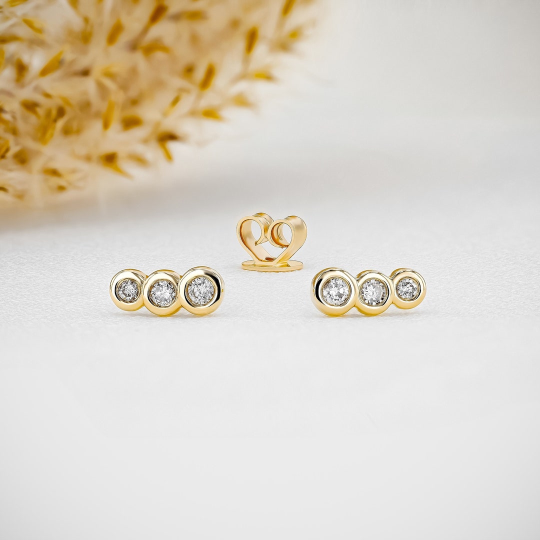 Diamond Trio Studs, Single half Pair, Bezel Set Ear Climber Crawler, 14k White, Yellow, Rose ...
