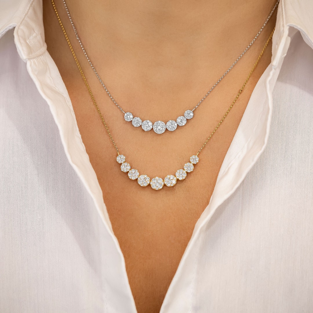 Diamond Necklace, Pavé Round Graduated Clusters With Adjustable Chain ...