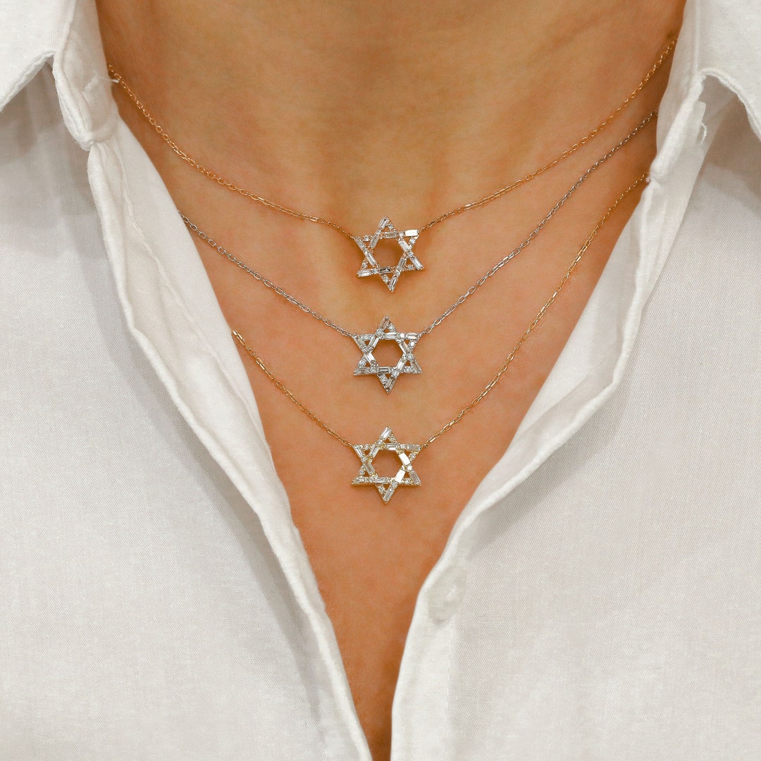 Baguette Diamond Open Star of David Necklace,18k Solid Gold Natural ...
