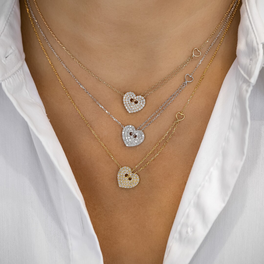 Diamond Necklace, Heart Lock and Key, Adjustable Drawstring Chain, 18k ...