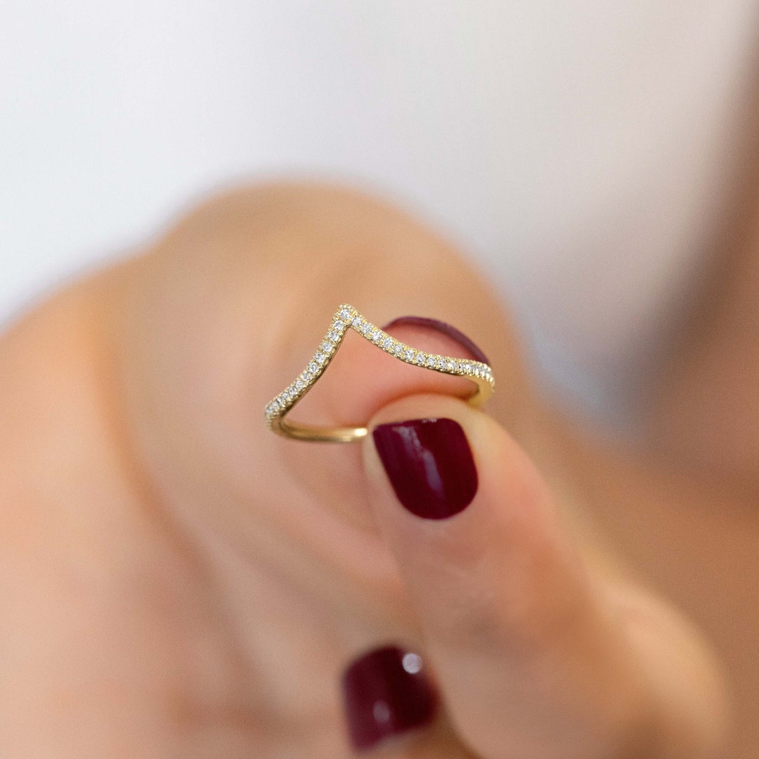 14k Solid Gold Natural Diamond Chevron "v" Shaped Stackable Ring - Etsy