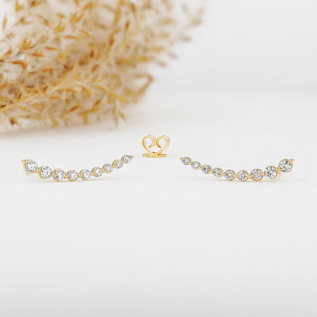 Single 14k Solid Gold Natural or Lab Grown Diamond Curved Bar Ear ...