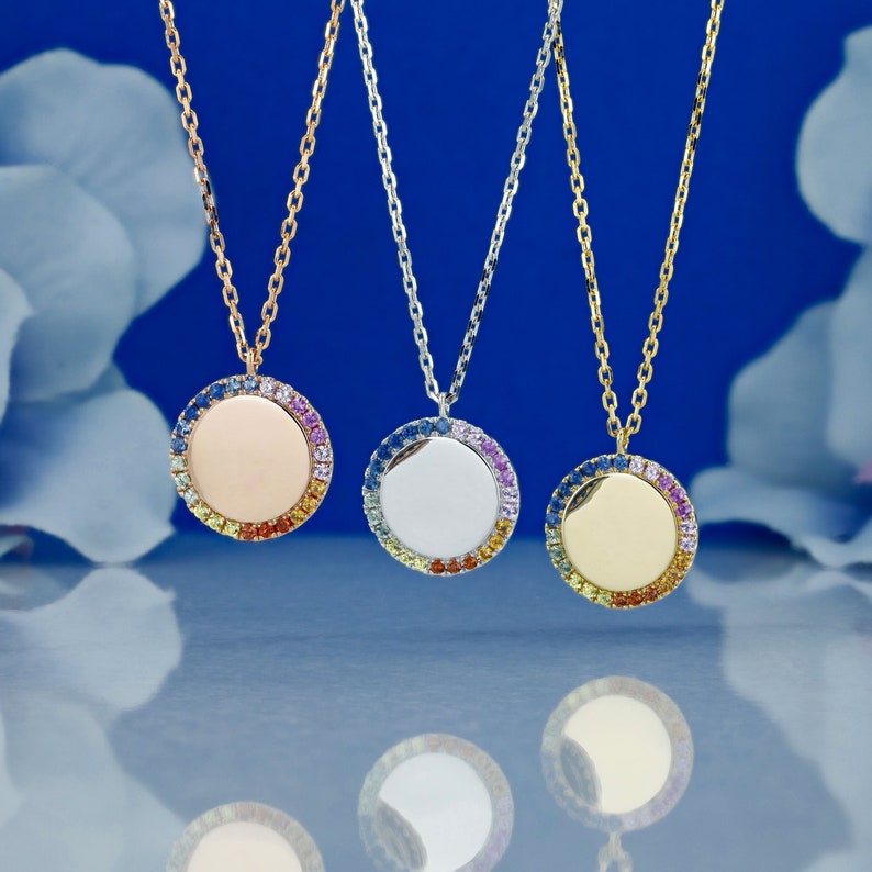14k Solid Gold Rainbow Sapphire Border Round Pendant Necklace - Etsy