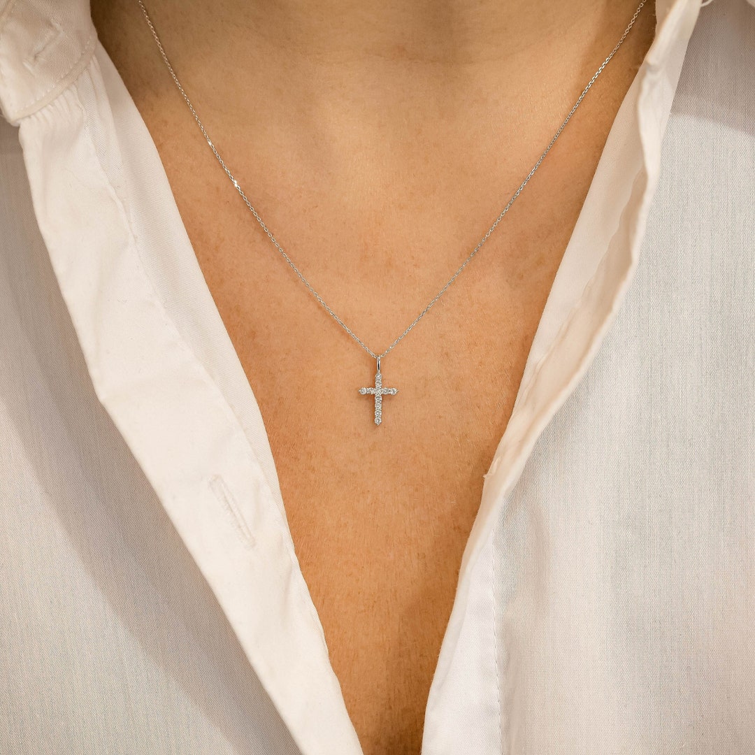 Small Diamond Cross Pendant, Adjustable Drawstring Chain Necklace, 14k ...