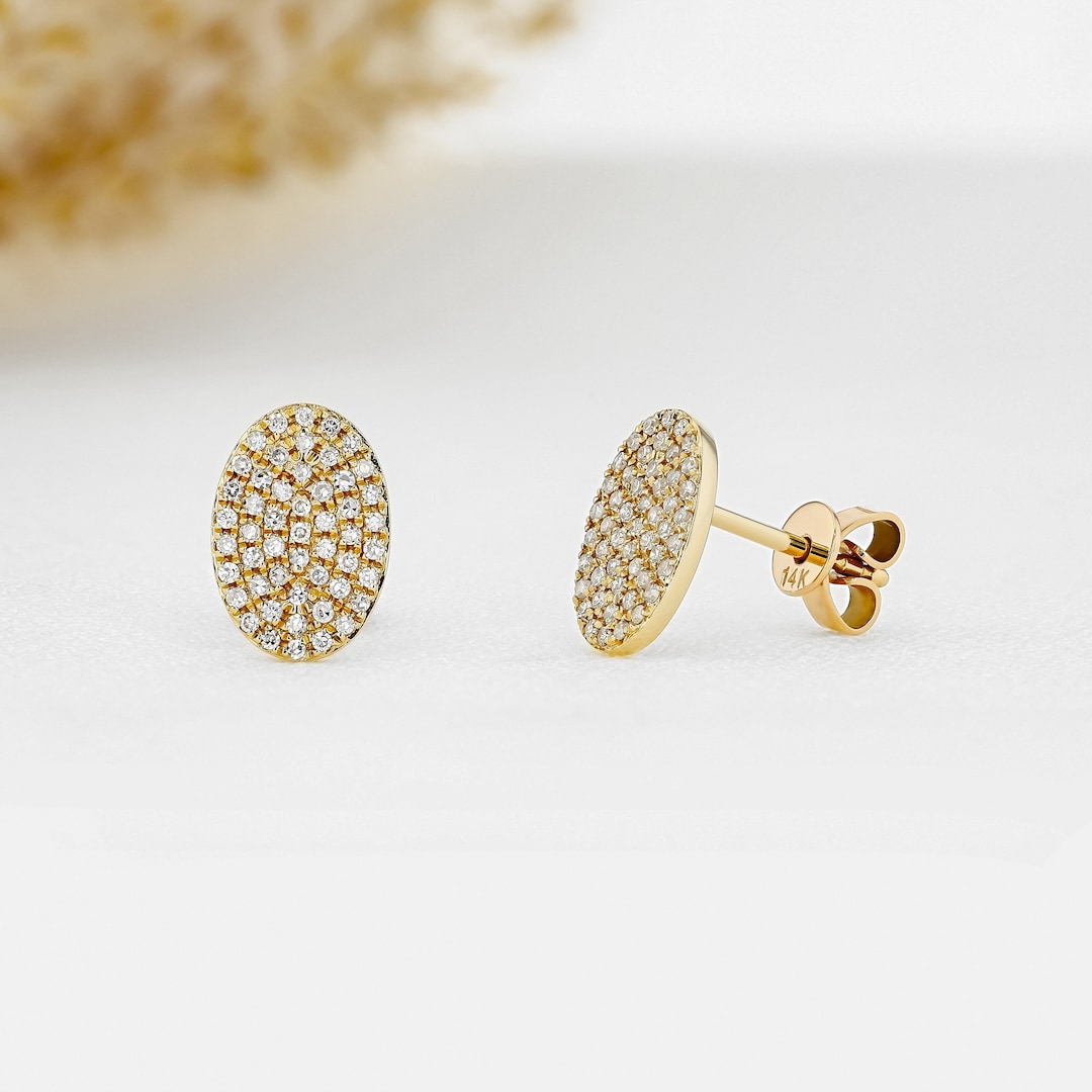 Diamond Micro-pave Earring, Oval Disc Studs for Women, 14k White Rose ...