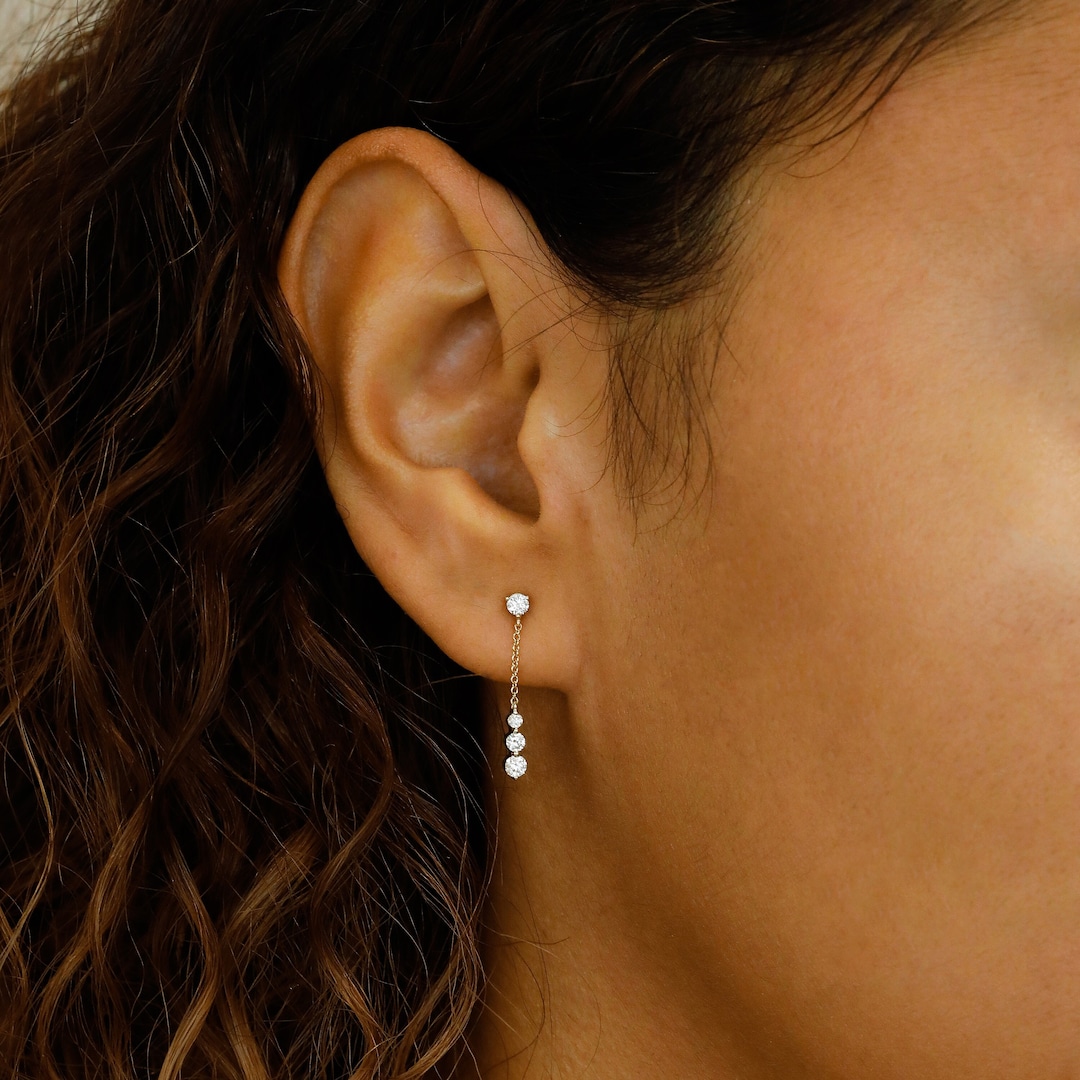 14k Solid Gold Natural Graduated Diamond Cable Chain Dangle Drop ...