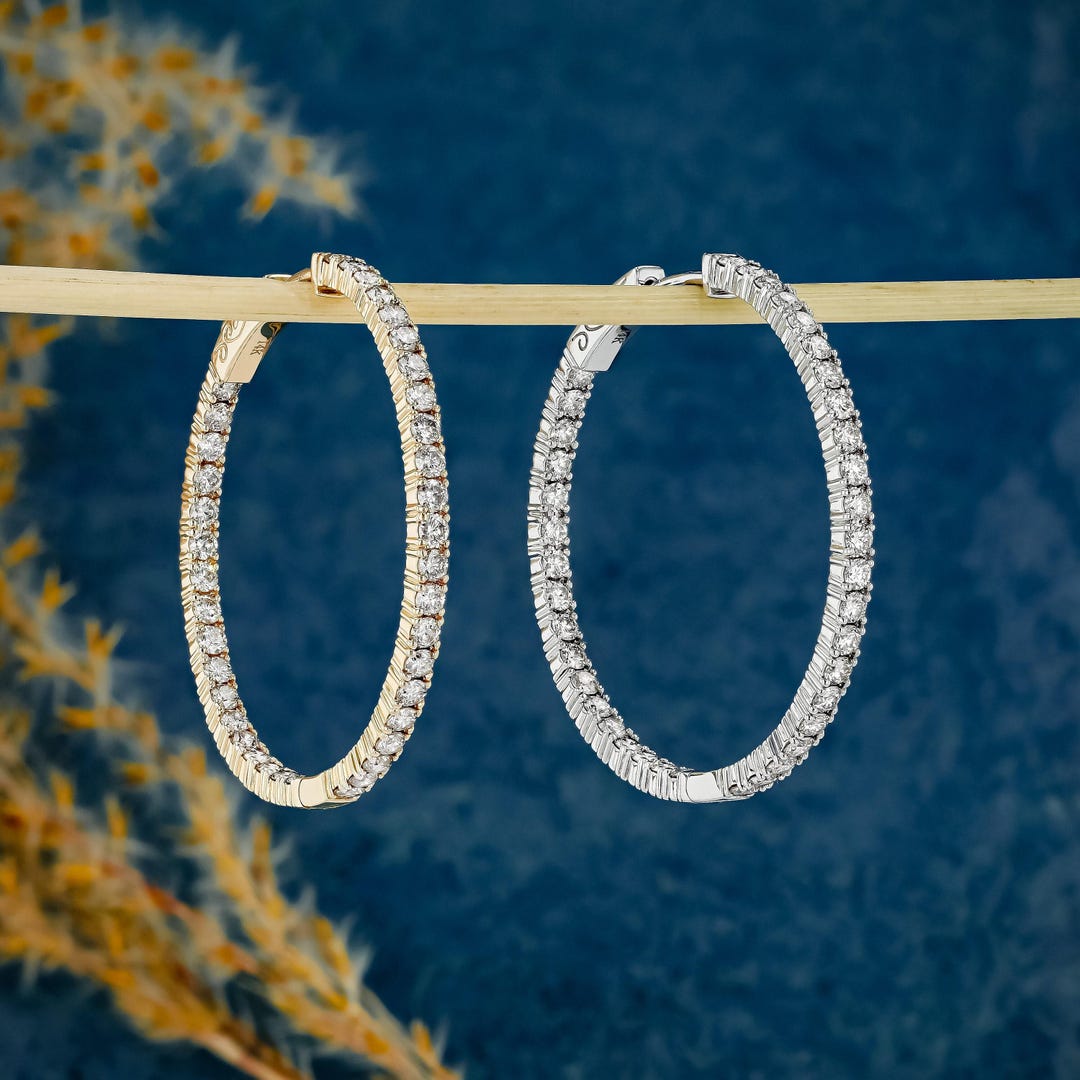 Diamond Earrings, in and Out Hoops, 14k Solid Gold, Social Value - Etsy