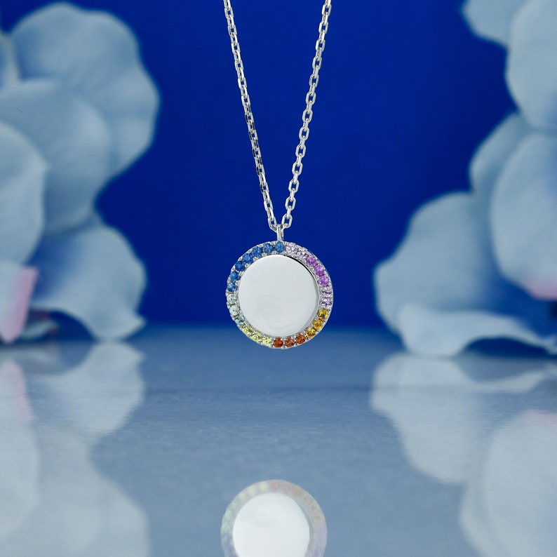 14k Solid Gold Rainbow Sapphire Border Round Pendant Necklace - Etsy