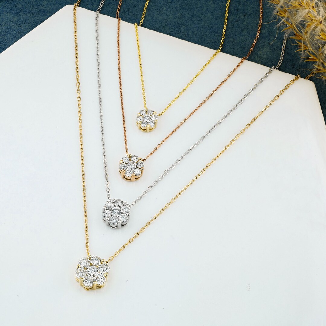 14k Solid Gold Natural Diamond Flower Cluster With Adjustable ...