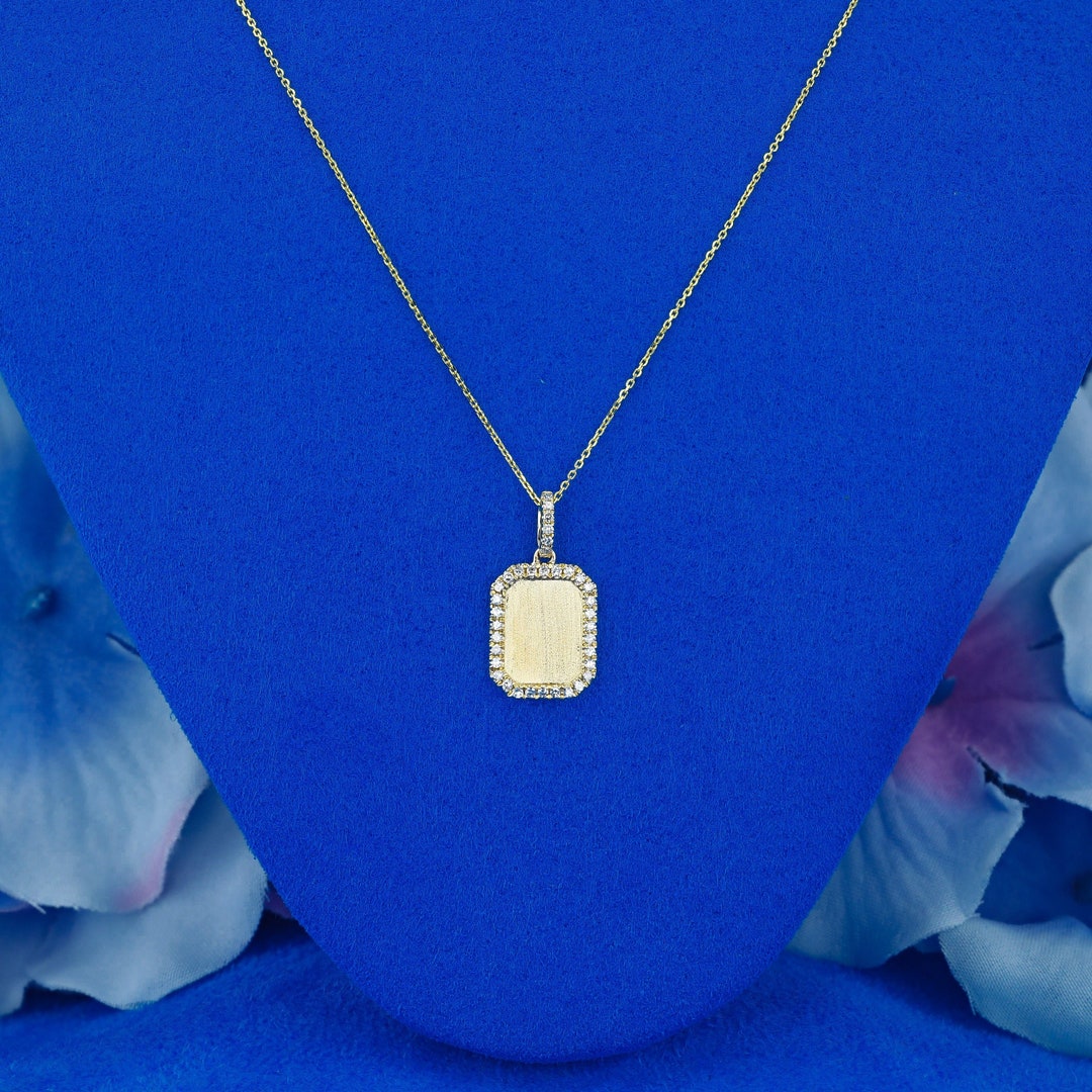 14k Solid Gold Diamond Border Dog Tag Pendant Necklace - Etsy