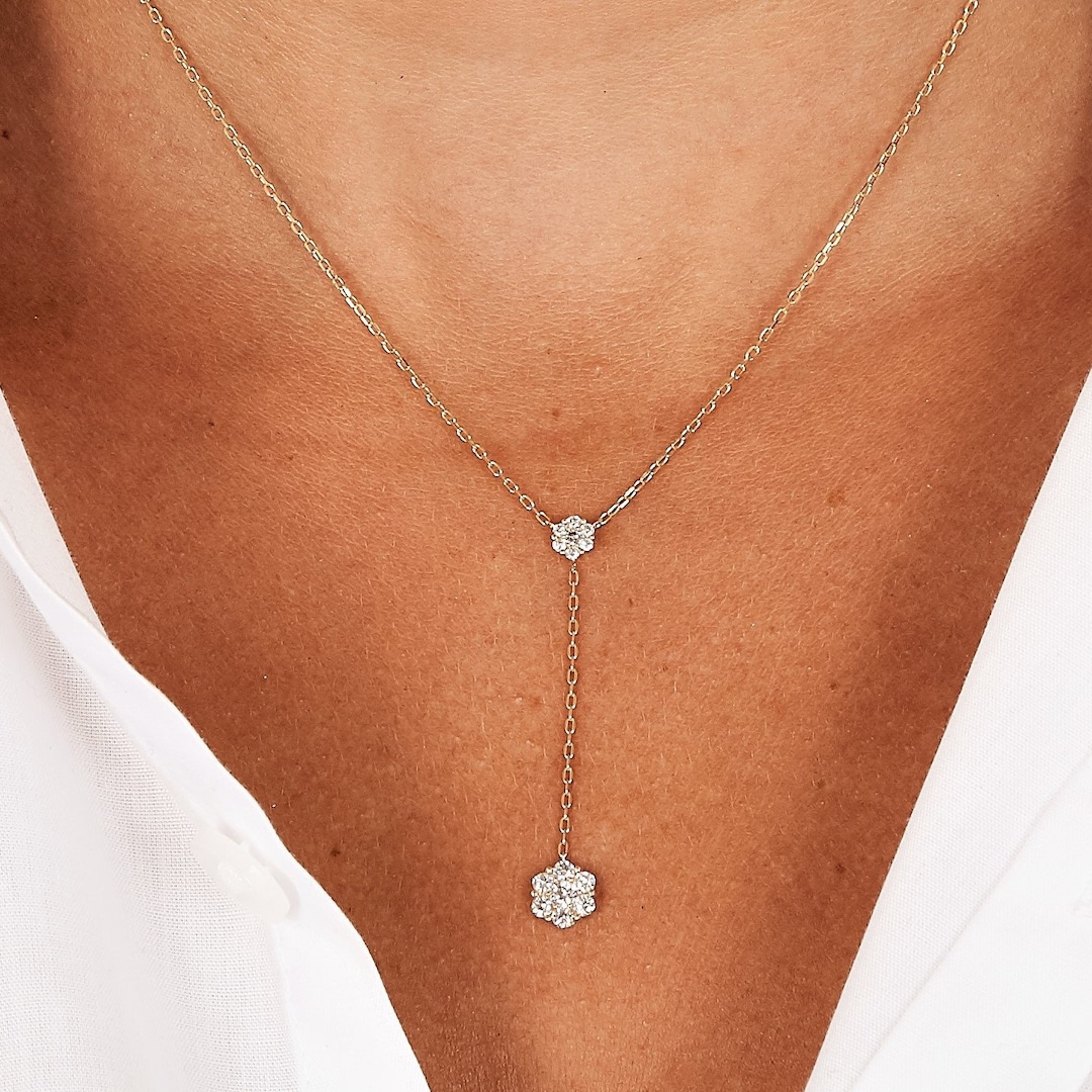 18K Gold & Genuine Diamond Lariat Necklace | Designer Diamond Cluster ...