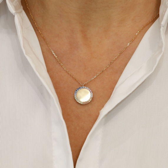 14k Solid Gold Rainbow Sapphire Border Round Pendant Necklace - Etsy