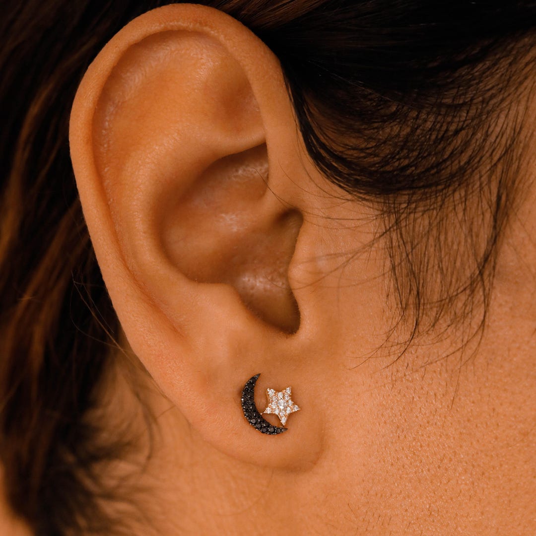 14k Gold Diamond Moon and Star Earring: Black & White Gold (single) - Etsy