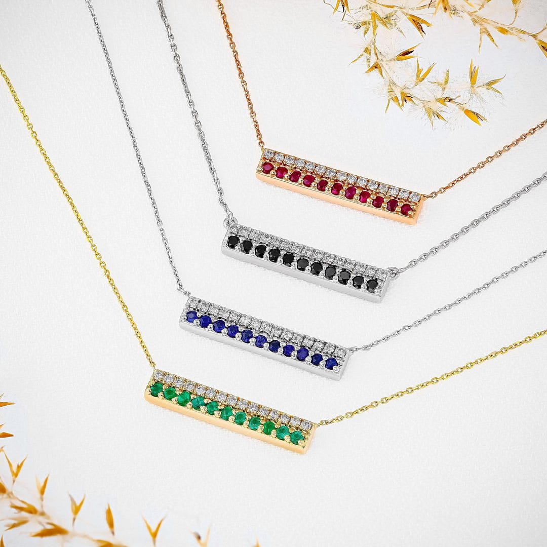 14k Gold Trapeze Bar Necklace: Diamond, Sapphire, Ruby, Emerald - Etsy