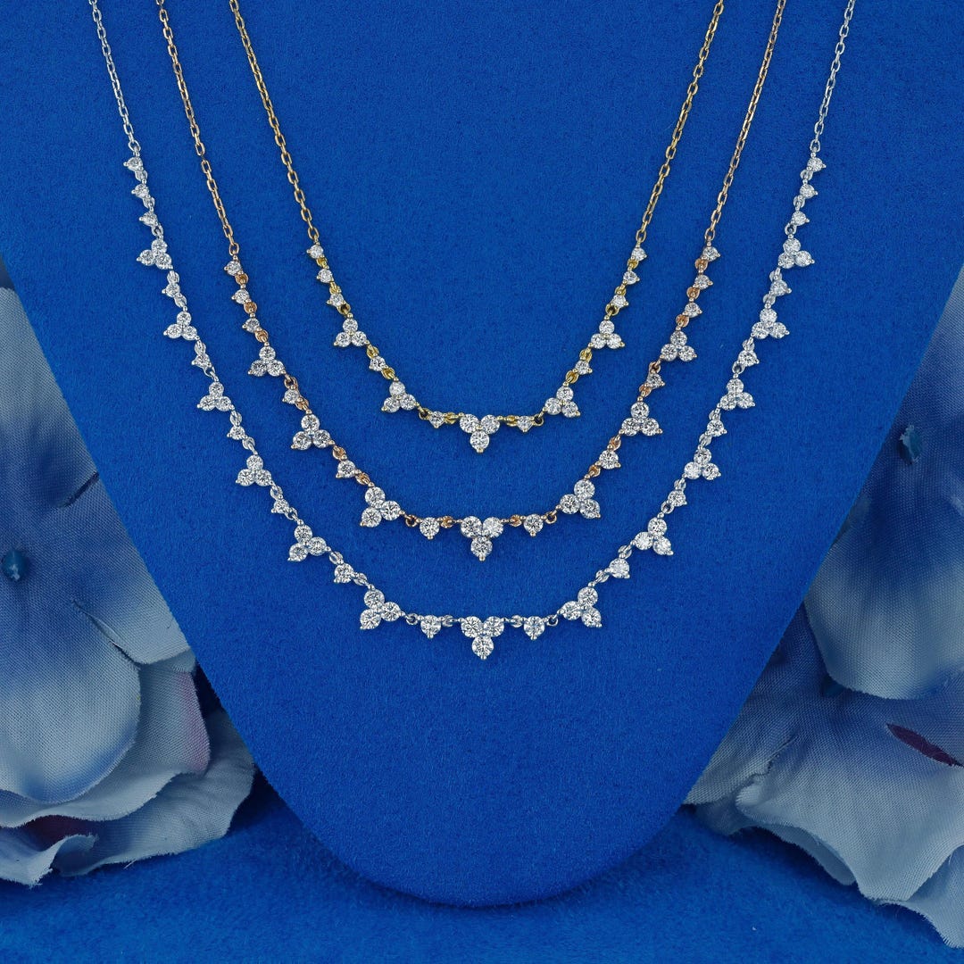 14k Gold Diamond Trio Cluster Necklace: Adjustable Drawstring Chain - Etsy