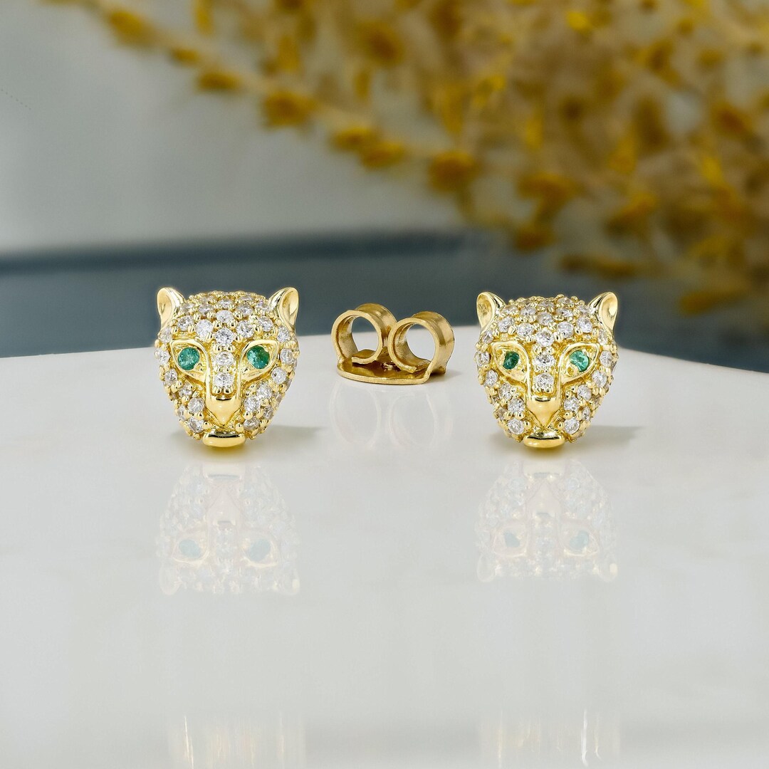 14k Solid Gold Panther Stud Earring: Diamond Pavé, Emerald Eyes (single ...