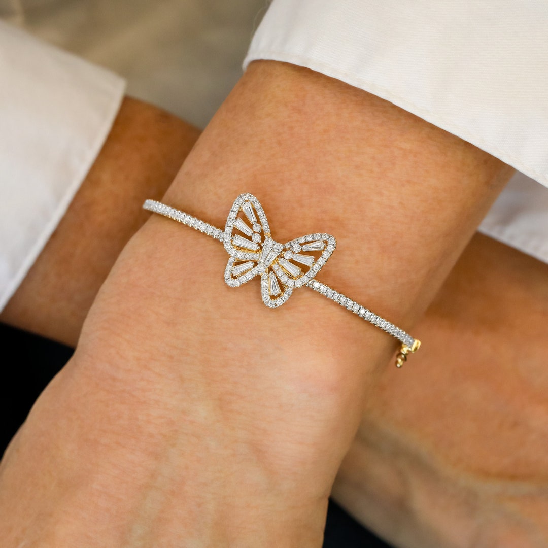 18k Solid Gold Natural Diamond Butterfly With Tapered Baguette and ...