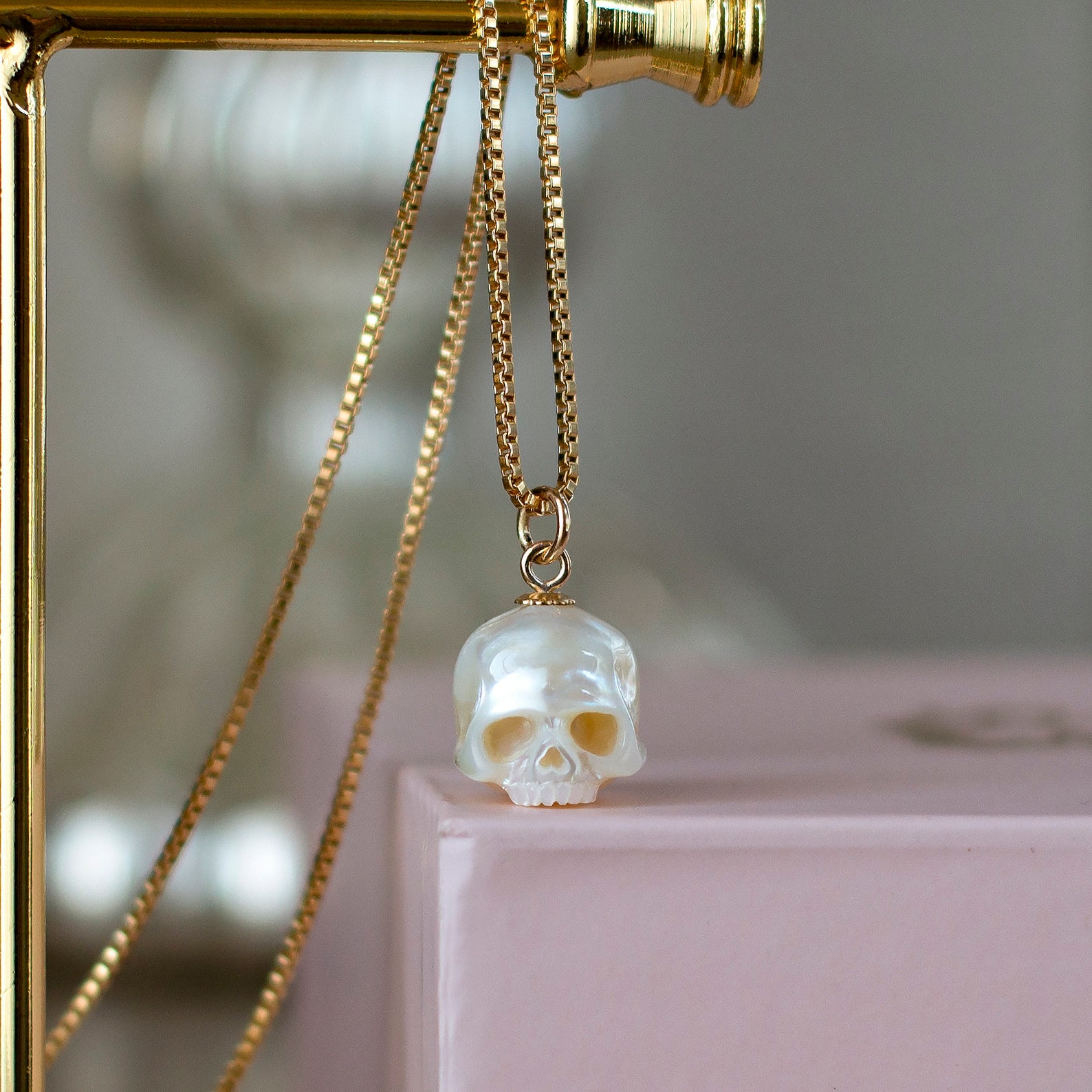 Pearl Skull Necklace 14k Gold Filled Skull Pendant Carved - Etsy