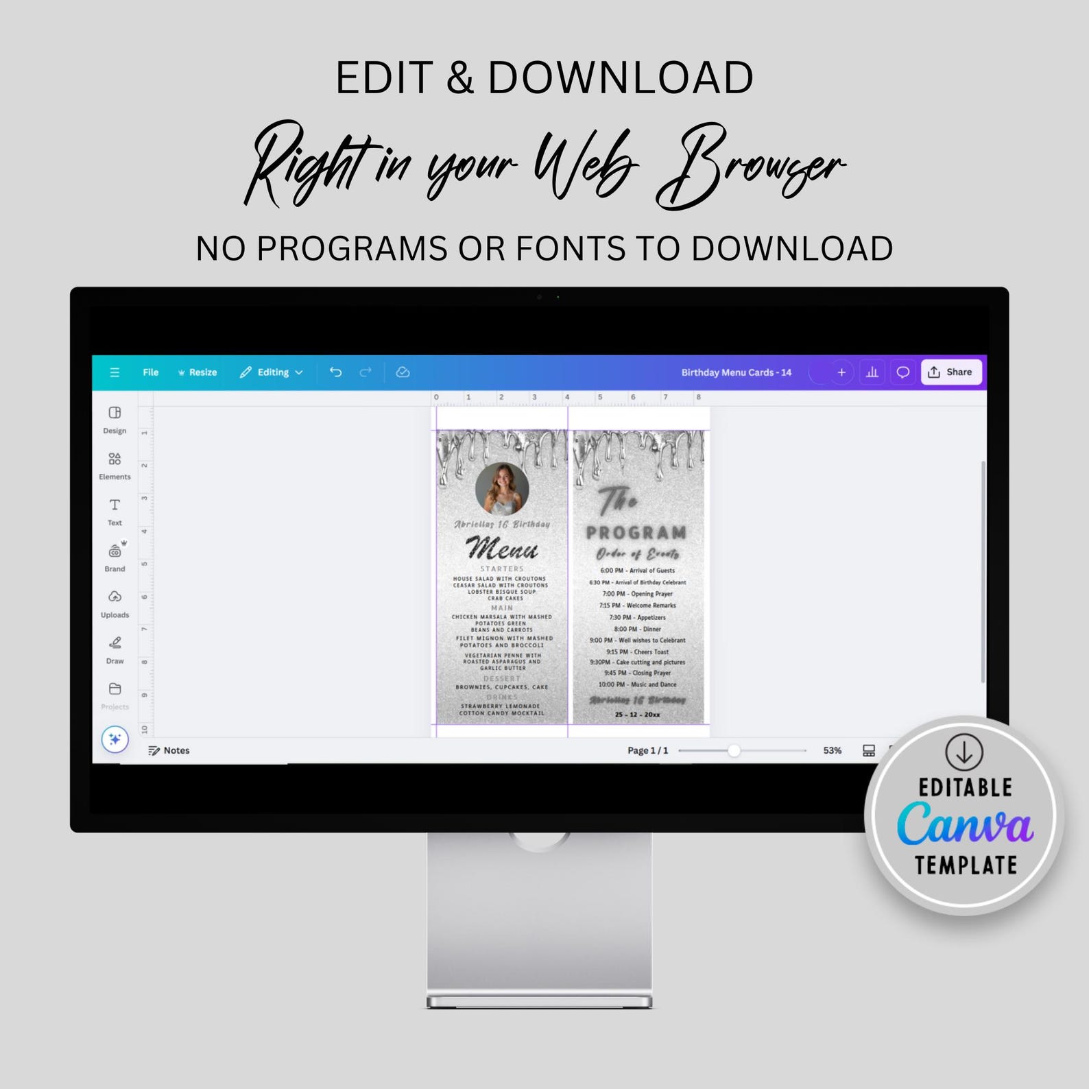 Editable Silver Menu Card Template, Silver Glitter Drip Menu Cards ...