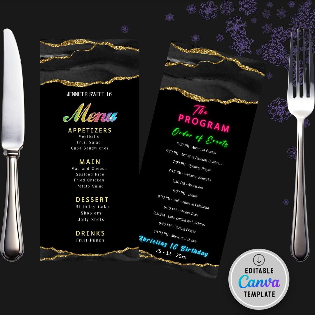 Black and Gold Menu Card, Black and Gold Agate Menu, Black and Gold ...