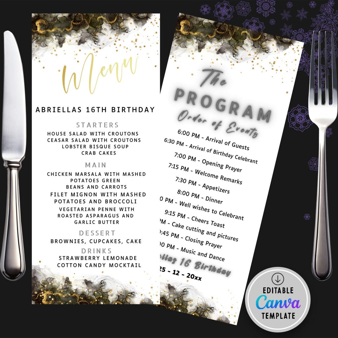 Mens Birthday Menu Template, Teen Boys Party Menus Printable, Black ...