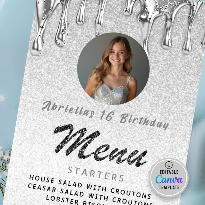 Editable Silver Menu Card Template, Silver Glitter Drip Menu Cards ...