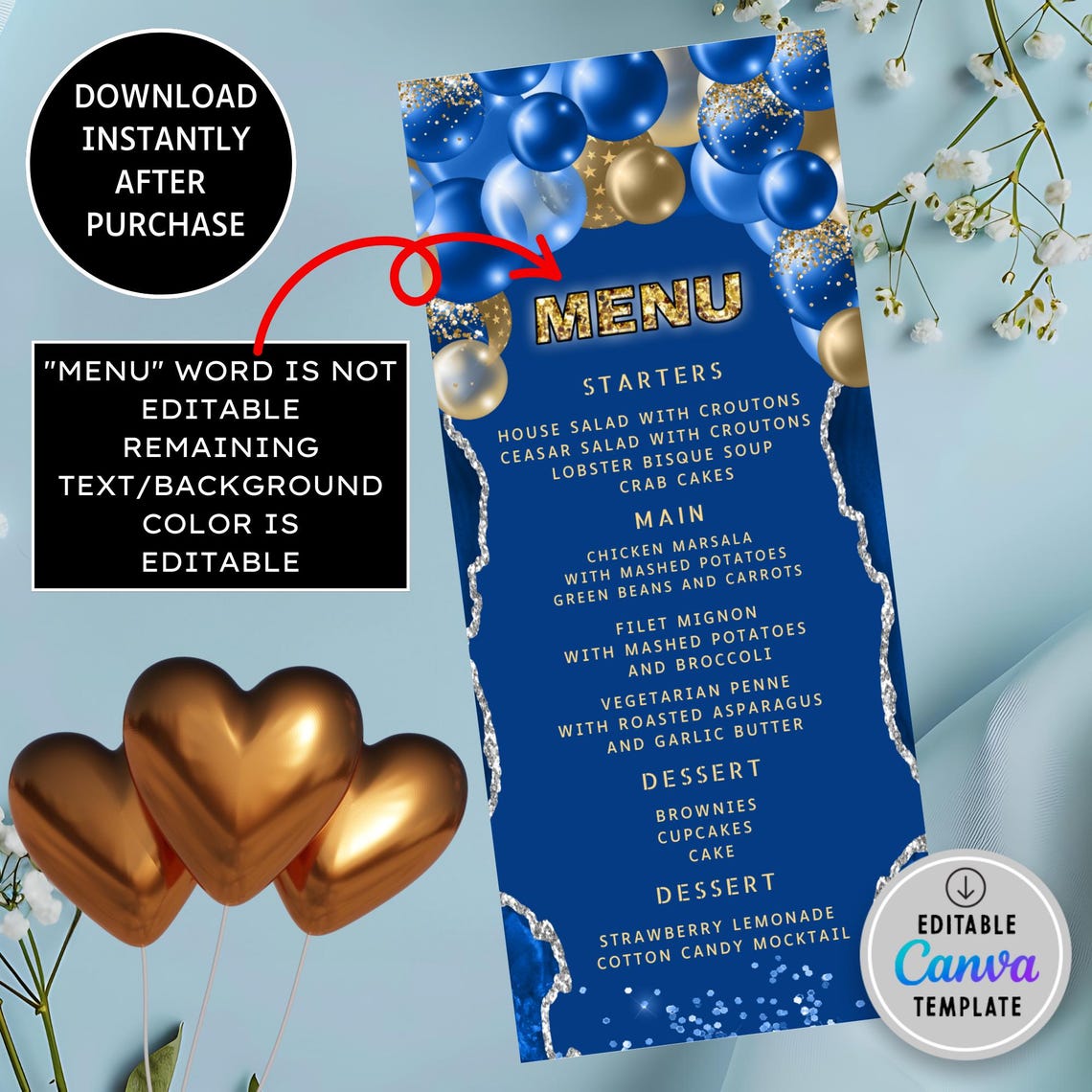 Editable Royal Blue Menu Card Template, Royal Blue & Silver Glitter ...