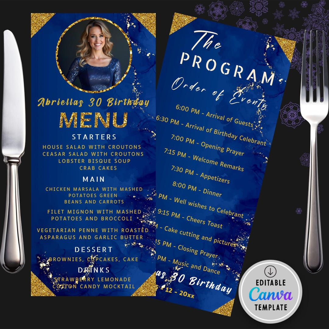 Editable Elegant Blue Gold Glitter Birthday Menu and Program Card ...