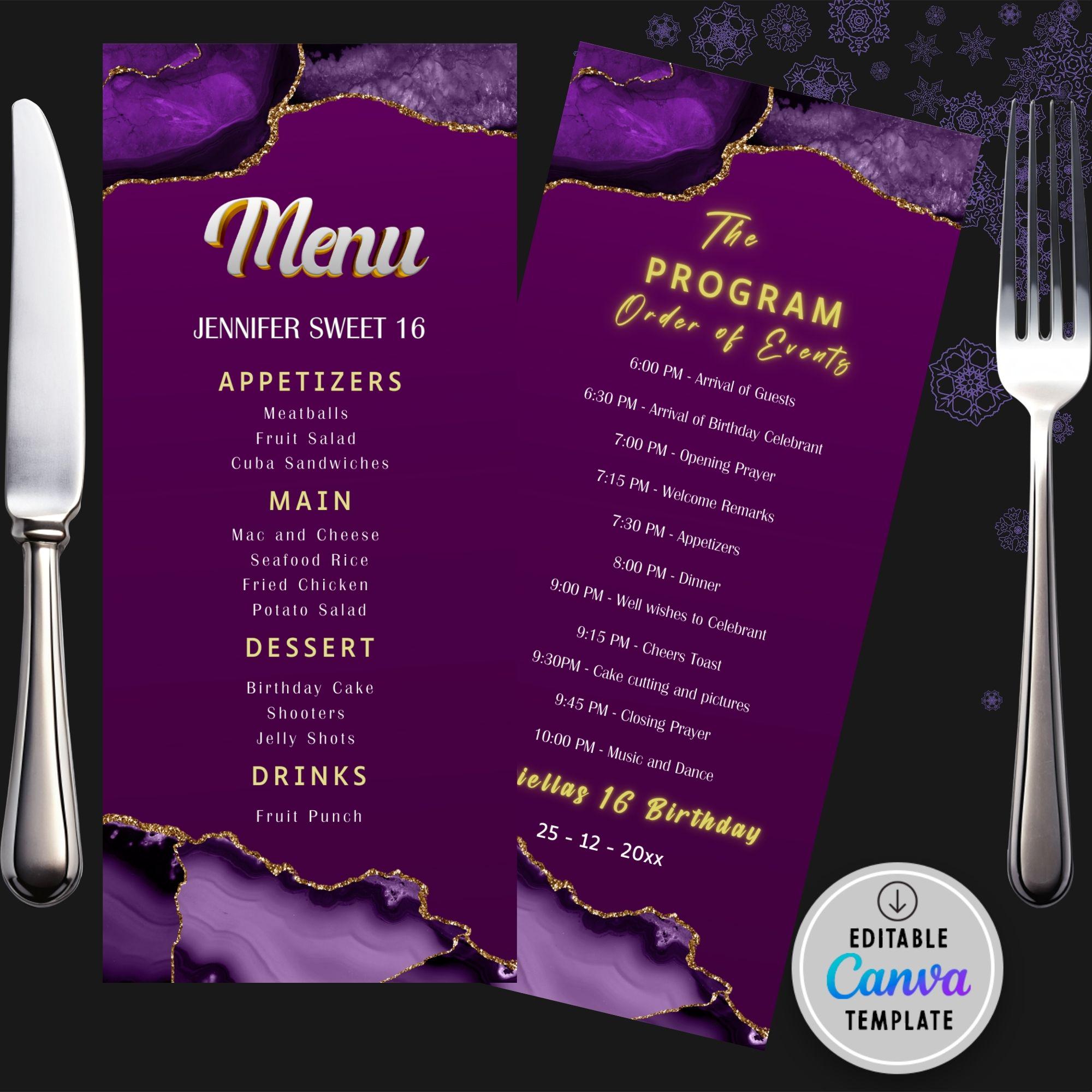 Purple Menu Card, Table Menu, Birthday Invitation Menu Card, Women ...