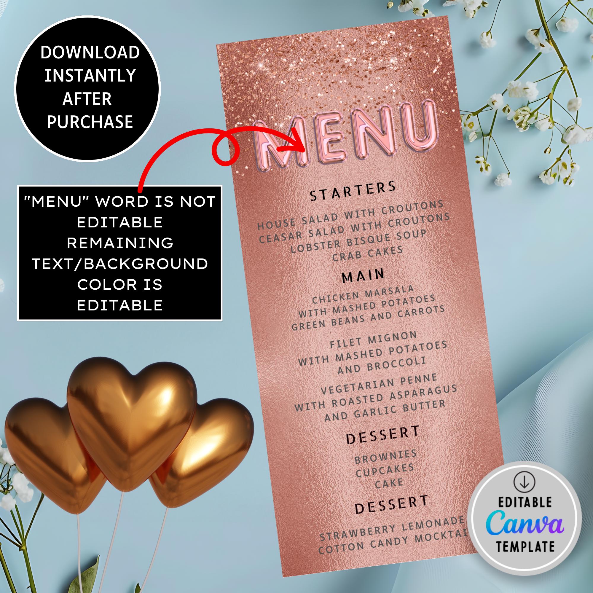 Editable Rose Gold Menu Card Template | Rose Gold Glitter Drip Menu ...