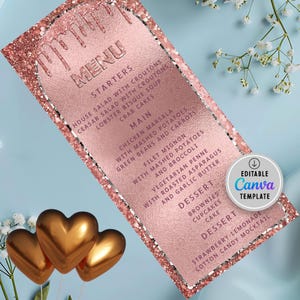 Editable Rose Gold Menu Card Template | Rose Gold Glitter Drip Menu ...