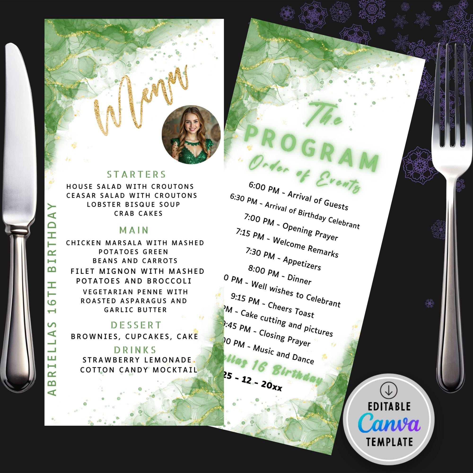 Editable Birthday Program Card Emerald Green and Gold Ladies Dinner ...