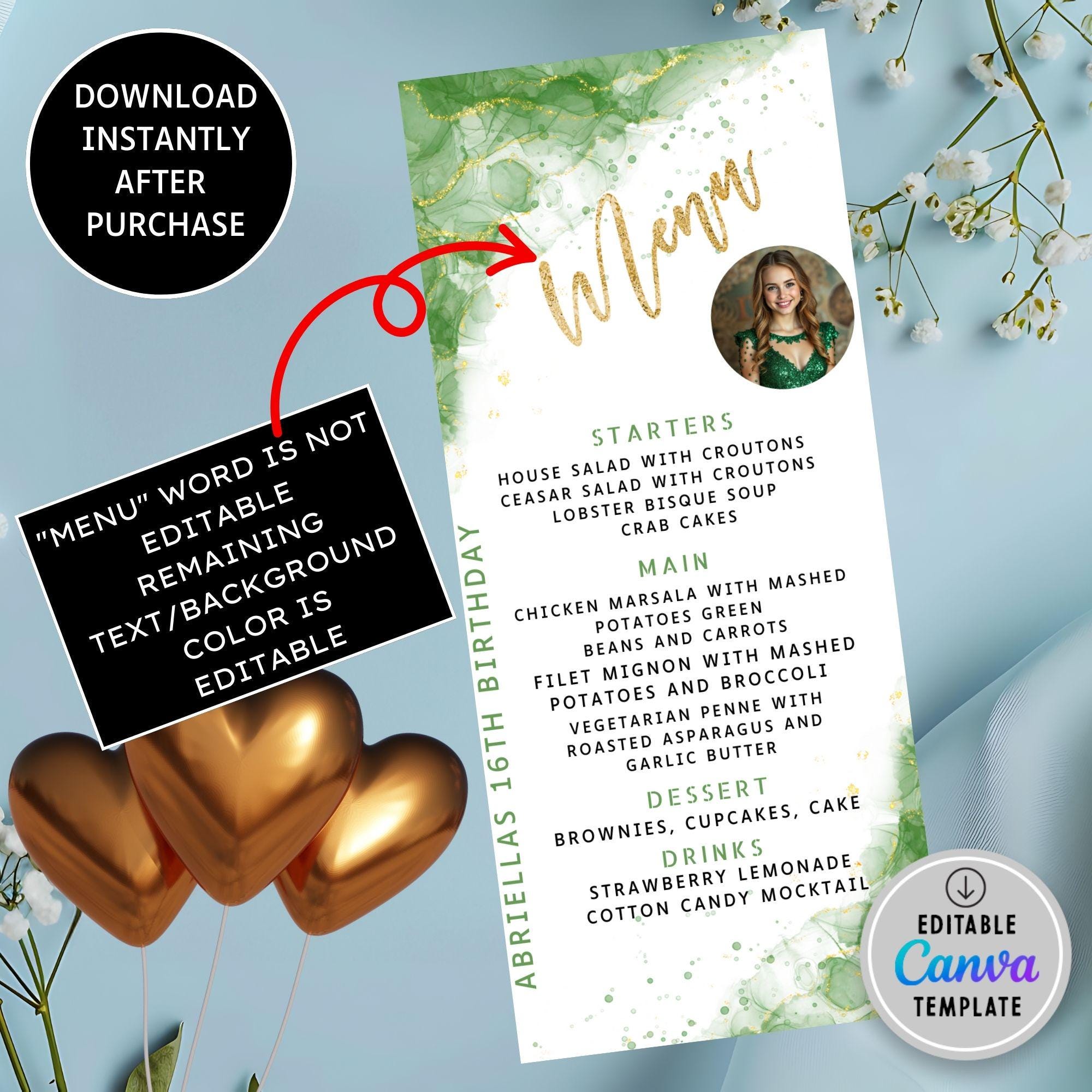 Editable Birthday Program Card Emerald Green and Gold Ladies Dinner ...