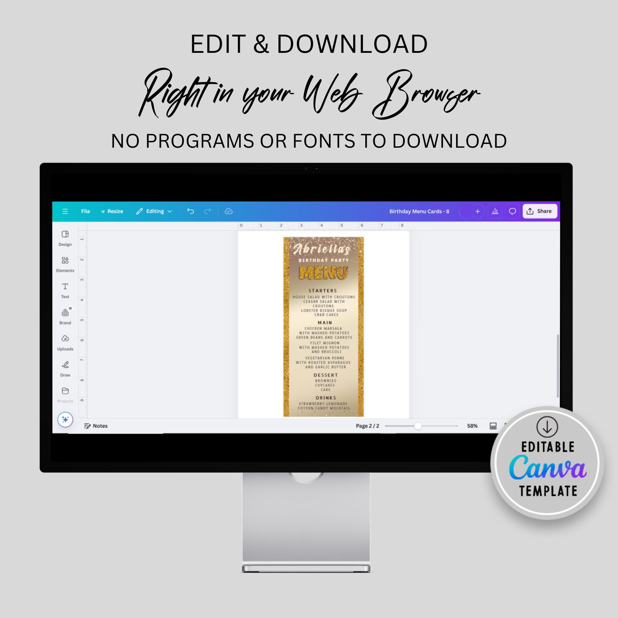 Editable Gold Glitter Birthday Dinner Menu Event Place Card, Printable ...