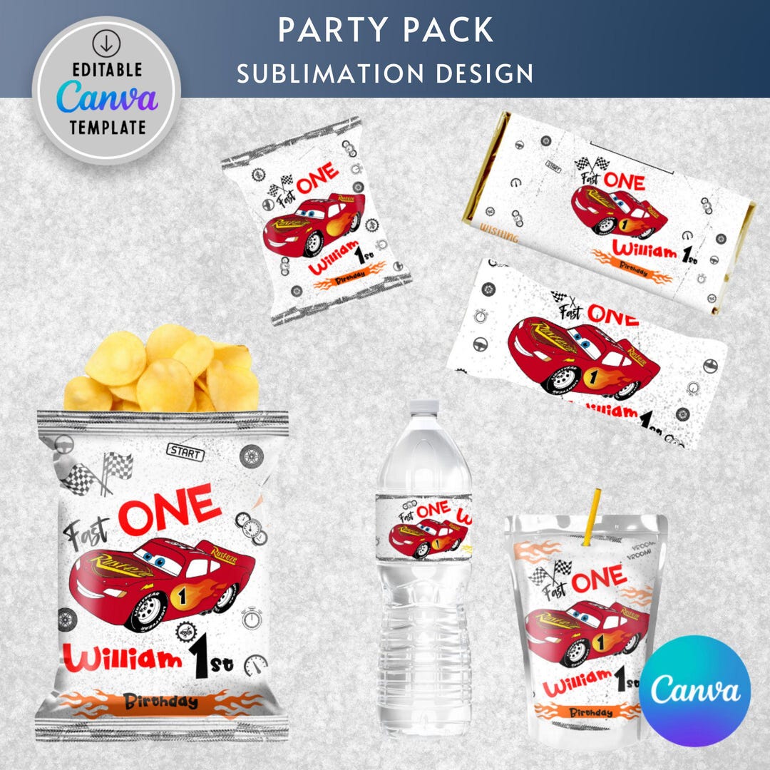 BUNDLE Fast ONE Race Car Chips Bag, Juice Bags, Water Bottle Labels ...