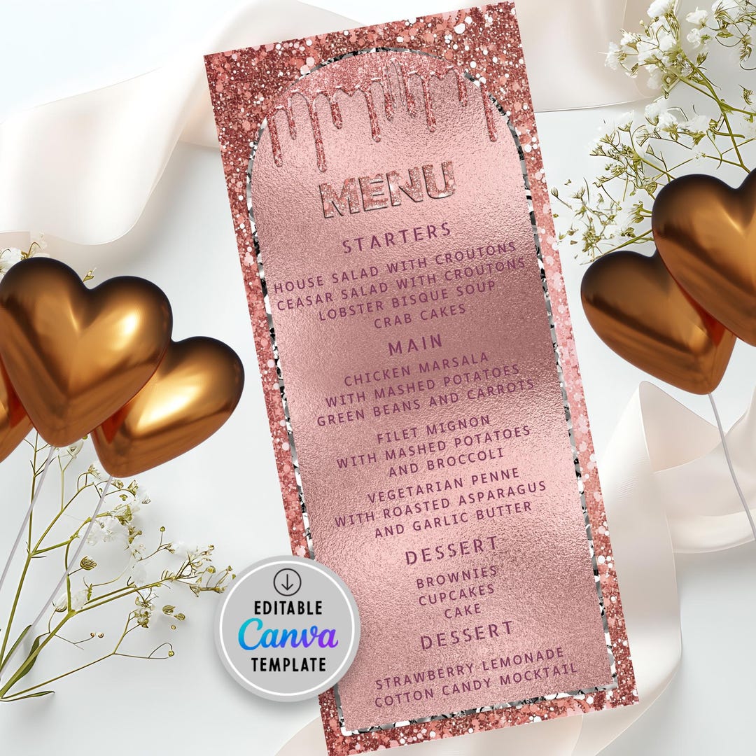 Editable Rose Gold Menu Card Template | Rose Gold Glitter Drip Menu ...