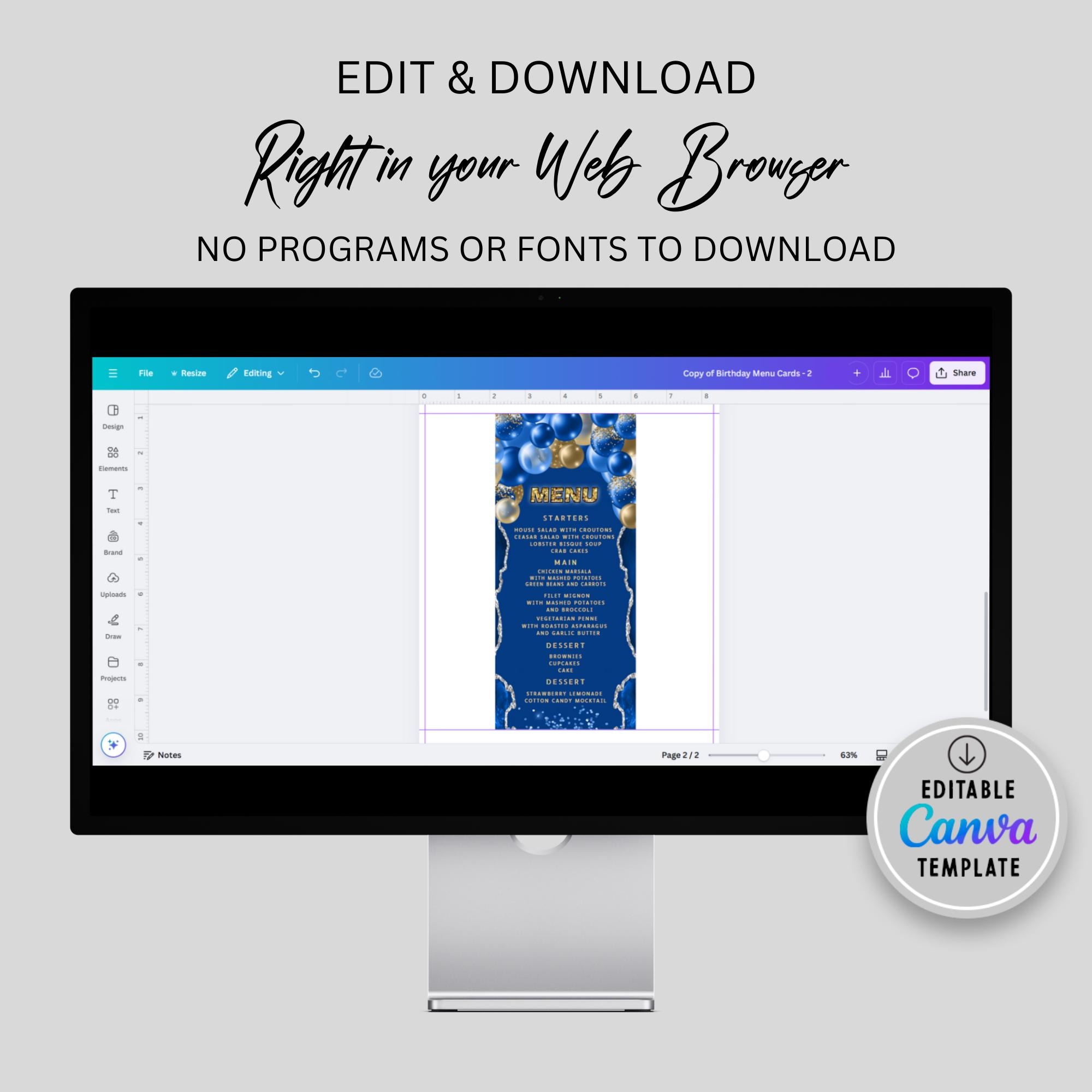 Editable Royal Blue Menu Card Template, Royal Blue & Silver Glitter ...