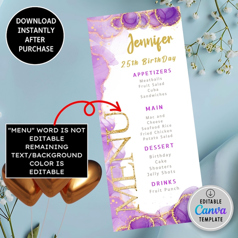 Purple Gold Birthday Menu Template: Elegant Dinner Party Editable Canva ...