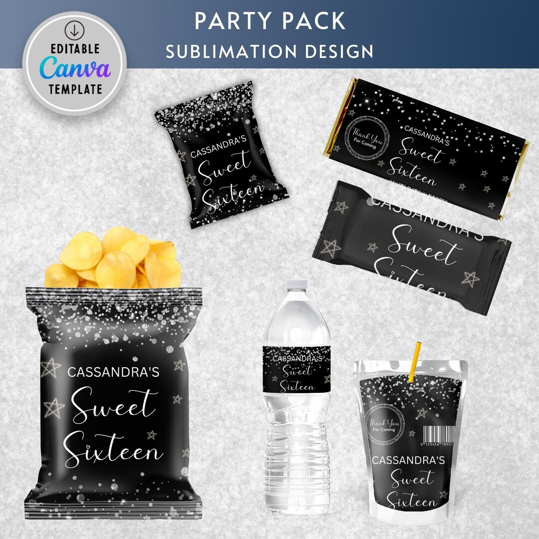 Editable Silver Black Chip Bag Label PRINTABLE Silver Glitter Chip Bag ...