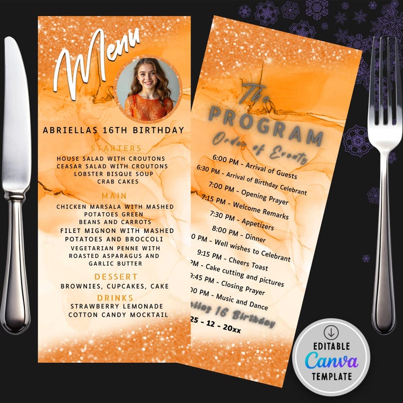 Orange Menu Template, Birthday Dinner Party Menus Printable, Summer ...