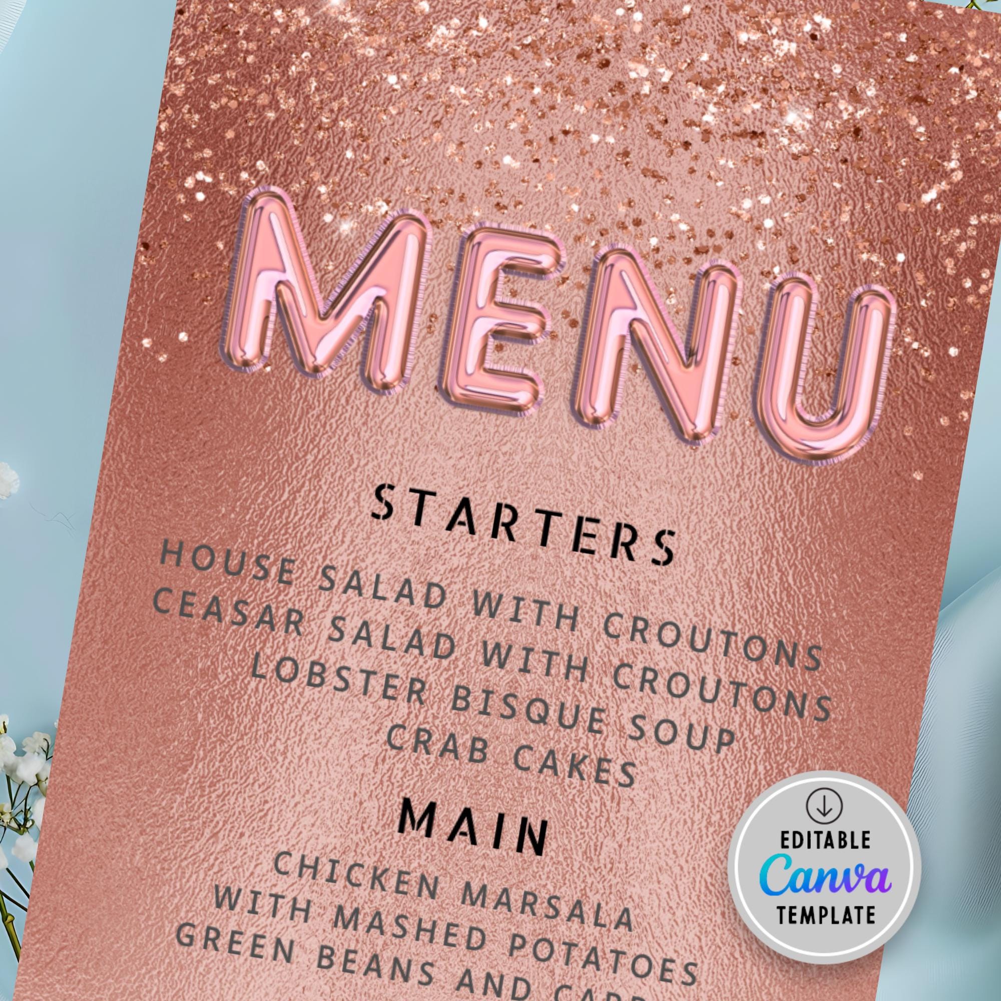 Editable Rose Gold Menu Card Template | Rose Gold Glitter Drip Menu ...