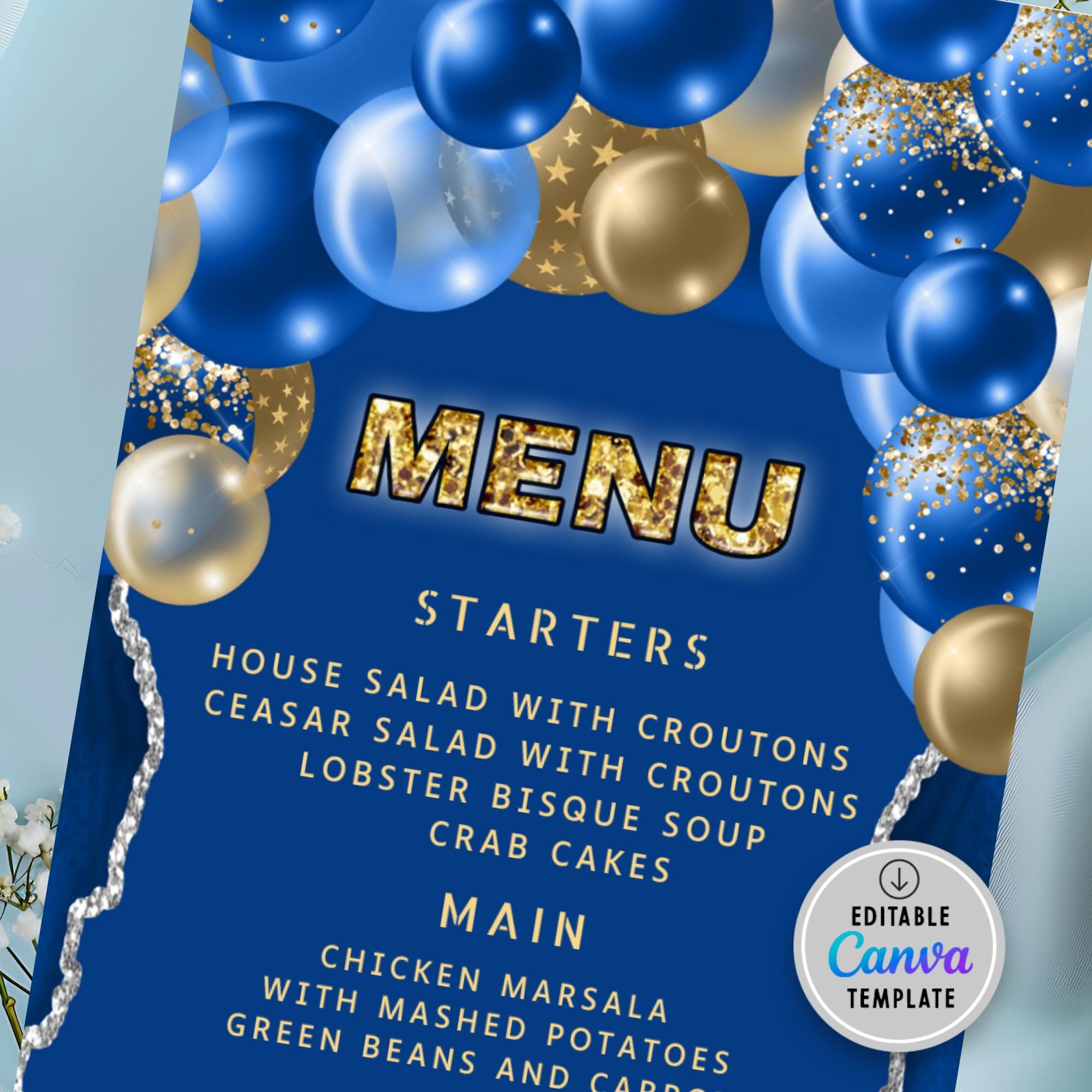 Editable Royal Blue Menu Card Template, Royal Blue & Silver Glitter ...
