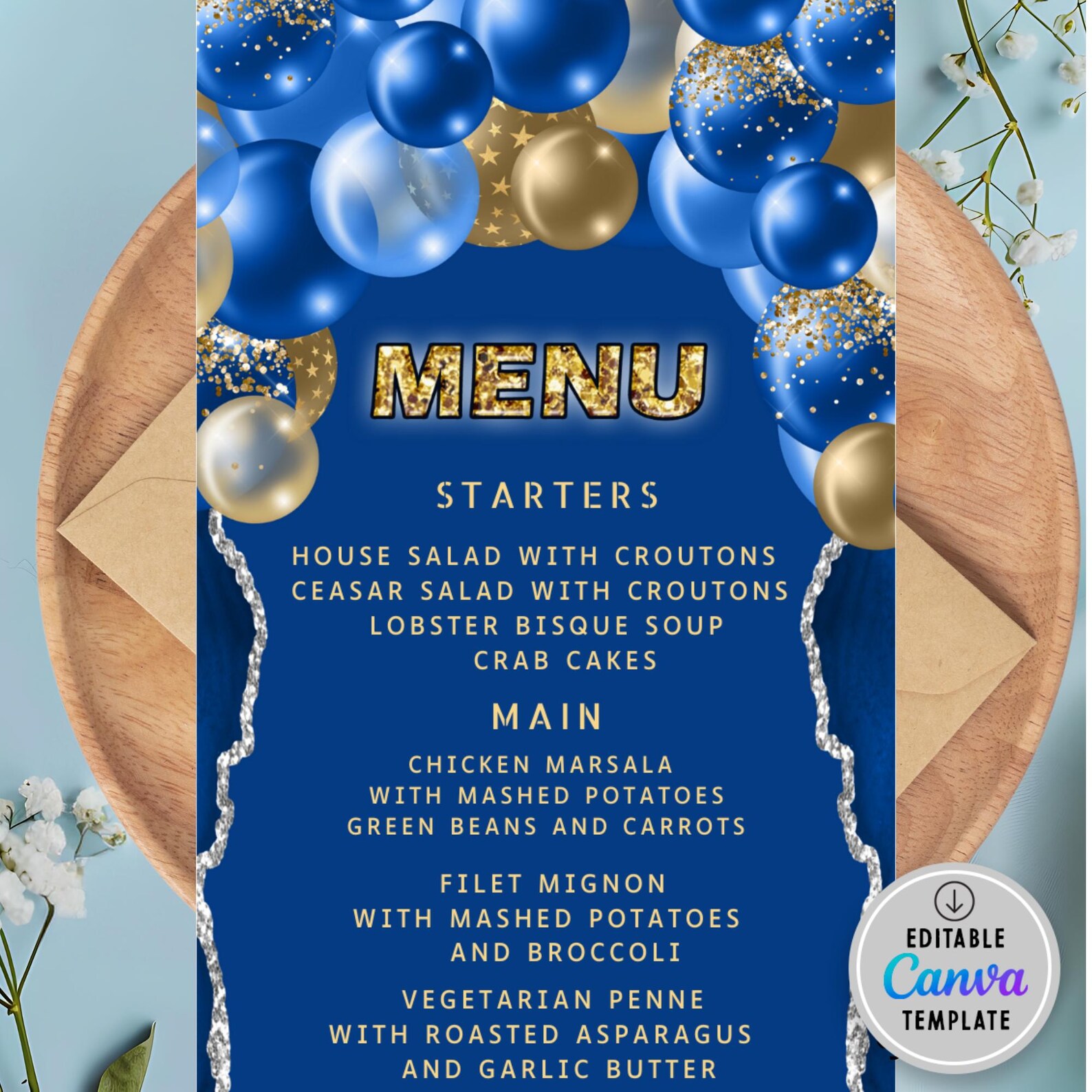 Editable Royal Blue Menu Card Template, Royal Blue & Silver Glitter ...