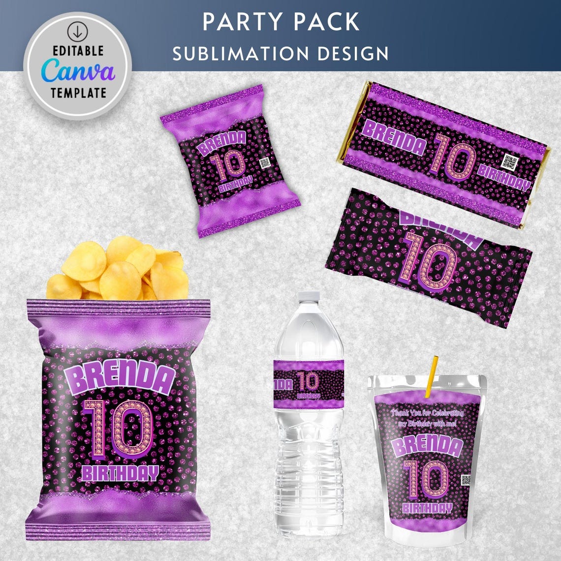Purple Birthday Party Bundle Kit, Template Printable Pink Birthday Chip ...